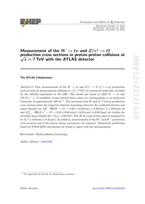 Pdf Measurement Of The W → ℓν And Zγ → ℓℓ Production Cross Sections In Proton Proton
