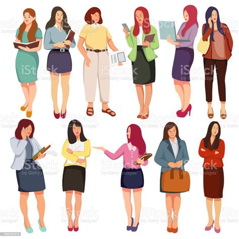 현대 비즈니스 여성 세트입니다 다양한 사업가들이 휴대폰 노트북 컴퓨터 노트북 플래너와 함께 서 있습니다 여성 직장인 흰색으로 분리된 평면 그래픽 벡터 삽화 사람들에 대한
