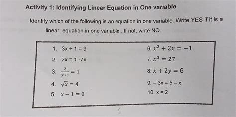 Solved Activity 1 Identifying Linear Equation In One Variable Identify Which Of The Following