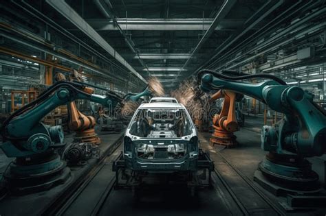 Robots In Workshop Of Automobile Plant Automotive Robotic Factory Welding Robot Assembly Line