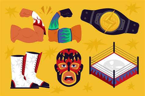 평면 디자인 멕시코 레슬러 요소 세트 벡터 일러스트레이션 격투기에 대한 스톡 벡터 아트 및 기타 이미지 격투기 레슬링