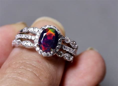 Black Opal Ring Opal Bridal Set Genuine Black Opal Opal Bridal Ring