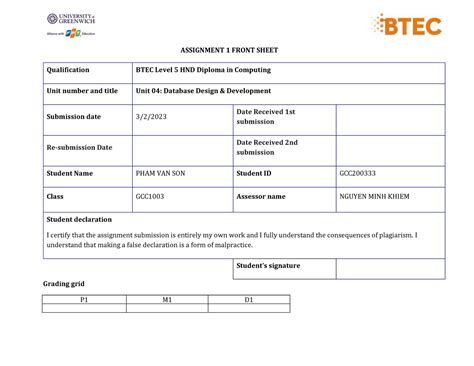 1 04 Dddassignment 1 Frontsheet Assignment 1 Front Sheet Qualification Btec Level 5 Hnd