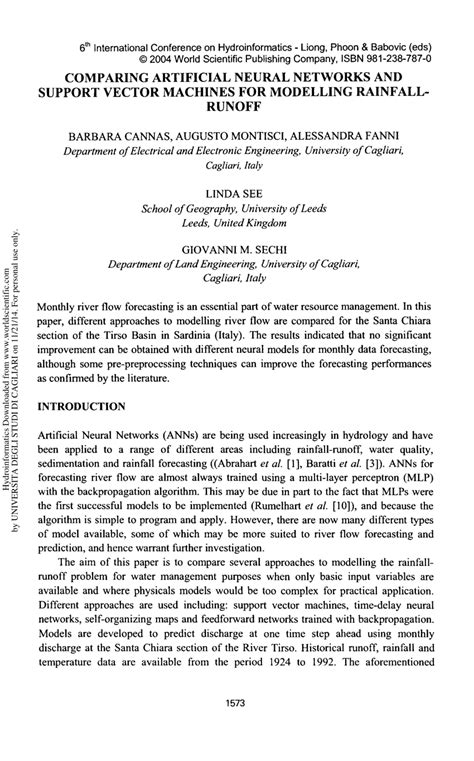 PDF COMPARING ARTIFICIAL NEURAL NETWORKS AND SUPPORT VECTOR MACHINES FOR MODELLING RAINFALL RUNOFF
