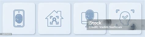 지문 스캔 모니터 스마트 홈 페이스 Id 및 얼굴 인식라인 모바일을 설정합니다 흰색 정사각형 버튼 벡터 건강관리와 의술에 대한 스톡 벡터 아트 및 기타 이미지 Istock