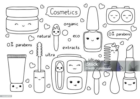 아이들을위한 색칠 공부 책 페이지 화장품 테마 만화 스타일의 캐릭터 흰색 배경에서 격리된 벡터 그림입니다 스티커에 대한 스톡 벡터 아트 및 기타 이미지 Istock