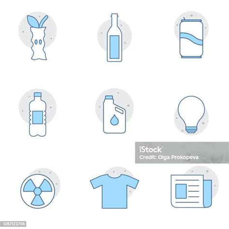 回收圖示集向量圖 平面設計有機 紙張 塑膠 金屬 紡織品 玻璃 燈泡 化學 危險網頁設計 移動應用向量圖形及更多分離圖片 Istock