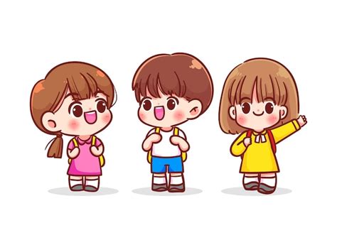 귀여운 쾌활한 학생 만화 캐릭터 아이 어린이 학교 교육 손으로 그리는 예술 그림 프리미엄 벡터