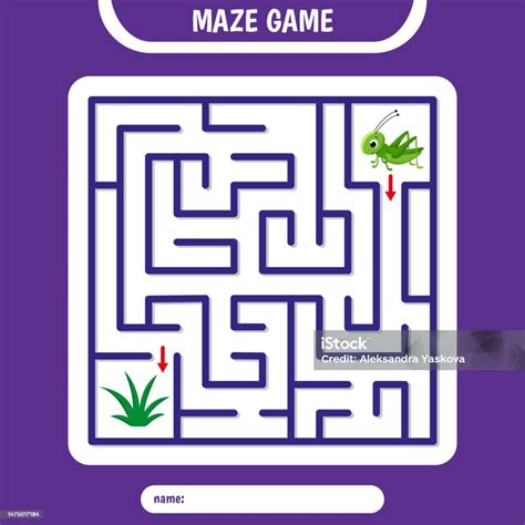 아이들을 위한 스퀘어 미로 메뚜기가 풀을 찾도록 도와주세요 간단한 논리 미로 게임 검색에 대한 스톡 벡터 아트 및 기타 이미지