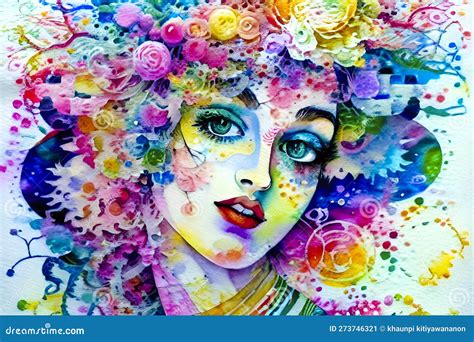 Retrato De Una Bella Chica Con Pinturas De Pelo Colorido Y Acuarela
