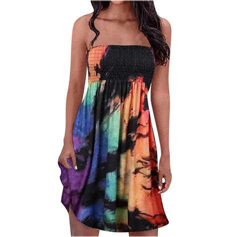 Ussuma Sundresses For Women Casual Summer Sexy Tube Strapless Smocked