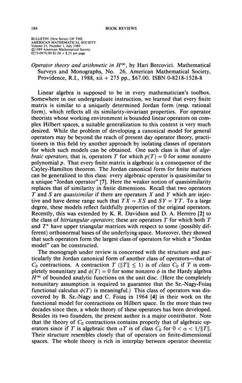 Pdf Review Hari Bercovici Operator Theory And Arithmetic In Hinfty
