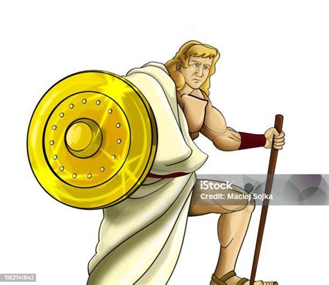흰색 배경에 로마 또는 그리스 고대 문자 전사 또는 검투사와 만화 장면 검투사에 대한 스톡 벡터 아트 및 기타 이미지 검투사