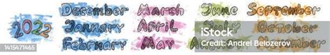 다색 수채화 레터링 2022 숫자 연도 및 월 이름을 블롯에 표시합니다 블루 그린 오렌지 핑크 색상 10월에 대한 스톡 벡터 아트 및 기타 이미지 Istock