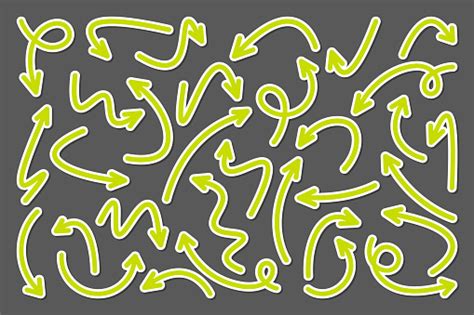 화려한 손으로 그린 화살표 스티커 세트 녹색 포인터 컬렉션입니다 다른 모양의 간단한 화살표 방향 표지판 벡터 일러스트레이션 개체 그룹에 대한 스톡 벡터 아트 및 기타 이미지