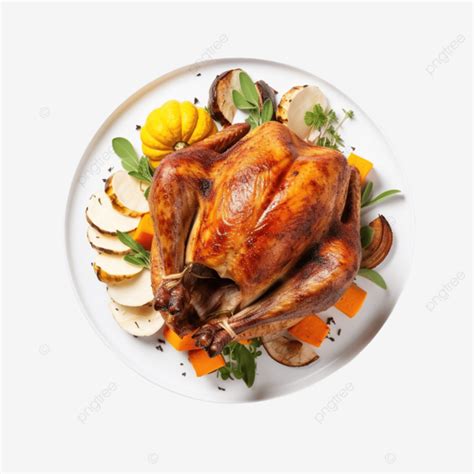 행복한 추수 감사절 호박 장식을 곁들인 흰색 접시에 구운 닭고기와 칠면조 칠면조 저녁 식사 칠면조 음식 Png 일러스트 및