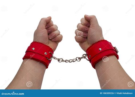 Female Hands In Red Leather Handcuffs Stock Photo Image Of Bracelets Intimacy