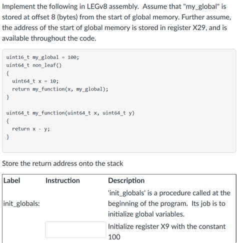 Solved Implement The Following In Legv8 Assembly Assume