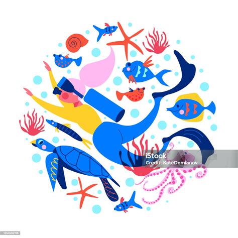 다이빙 익스트림 스포츠 수중 수영 소녀 다이버와 이국적인 물고기와 수중 세계 벡터 그림입니다 스쿠버 다이빙에 대한 스톡 벡터 아트 및 기타 이미지 Istock