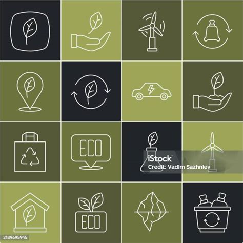 라인 재활용 쓰레기통 풍력 터빈 식물 손 잎이있는 기호 위치 잎 에코 및 전기 자동차 아이콘을 설정합니다 벡터 교통수단에 대한 스톡 벡터 아트 및 기타 이미지 Istock