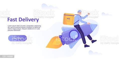 빠른 배송 개념 배달 남자 또는 택배 남자 가방 긴급 주문제트 로켓에 비행 익스프레스 배송 서비스 방문 페이지 템플릿입니다 웹 배너입니다 격리된 모던 벡터 일러스트레이션
