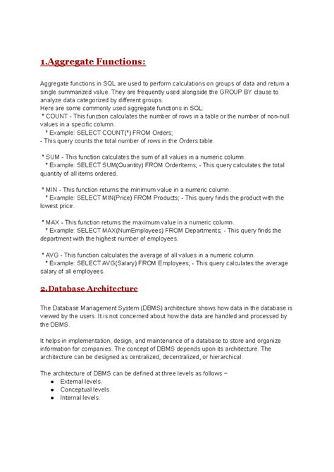 Dbms Few Important Topics 1 Functions Aggregate Functions In Sql Are Used To Perform