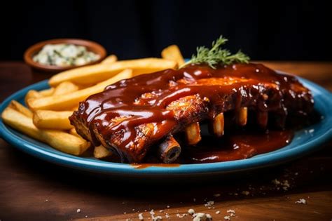 Premium Photo Bbq Sauce Covered Ribs And Fries