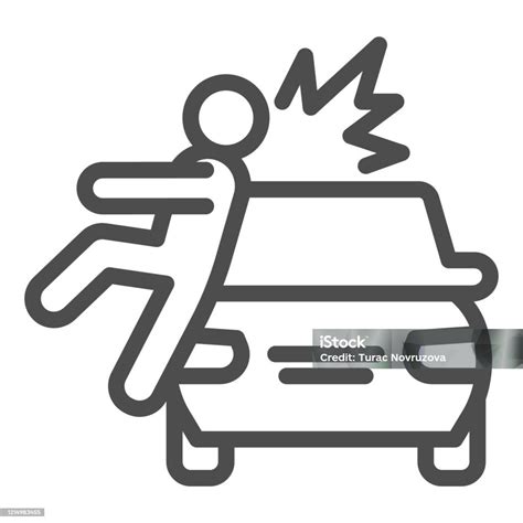보행자 선 아이콘과 충돌 차량은 흰색 배경에 스매시 기호 윤곽 스타일 그림과 사람을 노크 모바일 개념 웹 디자인에 대한 자동차 사고 기호 벡터 그래픽 검은색에 대한 스톡