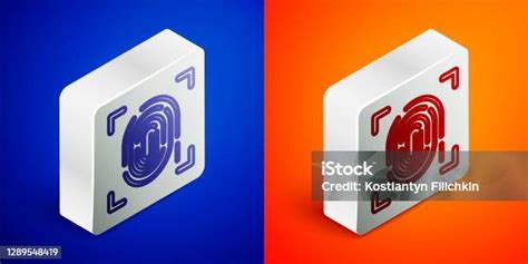 파란색과 주황색 배경에 격리된 등색 선 지문 아이콘입니다 Id 앱 아이콘입니다 식별 기호 터치 Id 실버 스퀘어 버튼 벡터 개성 개념에 대한 스톡 벡터 아트 및 기타 이미지