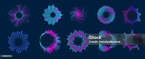 빛 입자와 방사형 음파 곡선 오디오 웨이브를 원로합니다 이퀄라이저를 위한 네온 라운드 음악 음파 멀티 컬러 오디오 라인 클립 아트 컬렉션 음파 무선 주파수 벡터