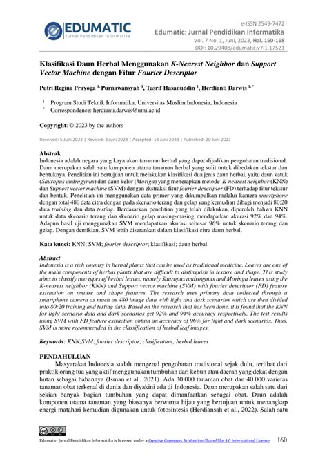 Pdf Klasifikasi Daun Herbal Menggunakan K Nearest Neighbor Dan Support Vector Machine Dengan