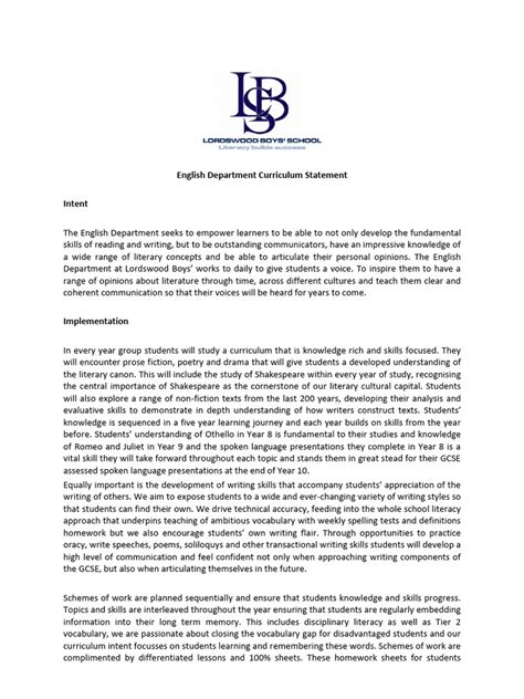 English Curriculum Statement October 21 Pdf Curriculum Learning