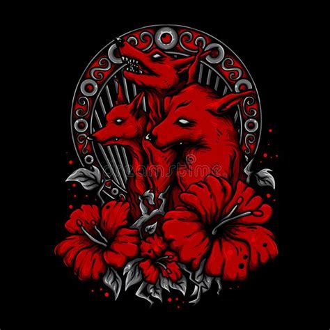 Vector Colorful Scary 3 Headed Hellhound Cerberus Surrounded By Flowers Stock Vector