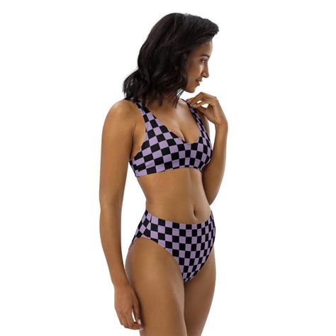 Purple Checkered High Waisted Bikini Recycled Mod Swimsuit Etsy