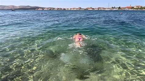 Beautiful Woman In Bikini Swims Adriatic Sea Underwater View Stock