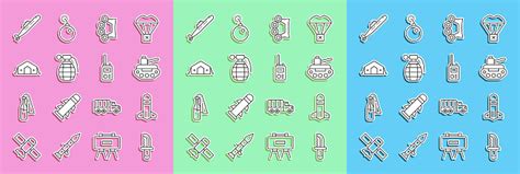 세트 라인 군용 칼 로켓 탱크 황동 너클 수류탄 의료 텐트 잠수함 및 워키 토키 아이콘 벡터 건강 진단에 대한 스톡 벡터 아트 및 기타 이미지 Istock