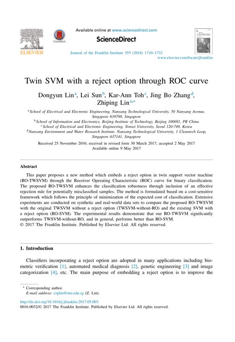 Pdf Twin Svm With A Reject Option Through Roc Curve