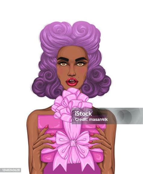 벡터 아프리카 계 미국인 핀 올라 소녀 와 열린 입 에 놀랍게도 분홍색 선물 상자를 들고 화려한 보라색 물결 모양의 머리를 가진 여성 패션 모델은 리본과 활을 장식했습니다