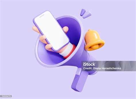 휴대 전화를 들고 손으로 3d 메가폰 온라인 발표 및 소셜 미디어 마케팅 뉴스 및 프로모션을 위한 흰색 화면 보라색 배경에 격리된 만화 창조적인 디자인 아이콘 3d 렌더링