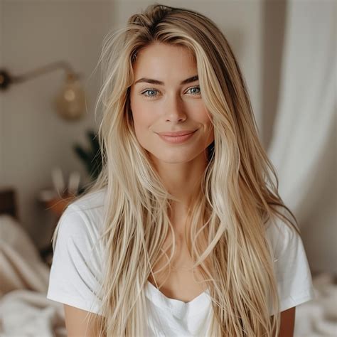 A Beautiful Blonde Woman With Long Hair In A White Tshirt Looking At