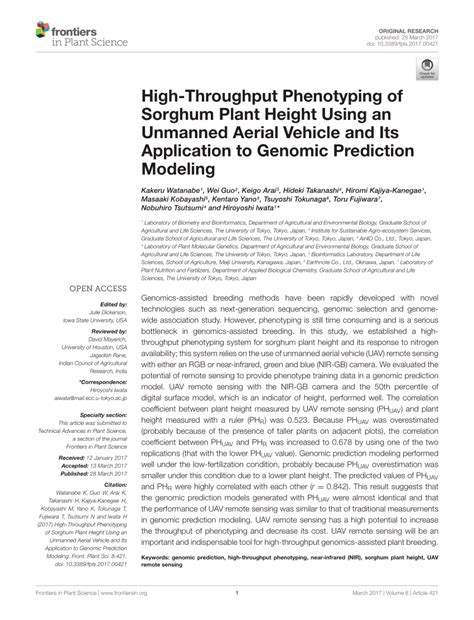 Pdf High Throughput Phenotyping Of Sorghum Plant Height Using An Unmanned Aerial Vehicle And