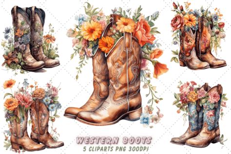Cute Western Boots Floral Watercolor Art Graphic By Florid Printables