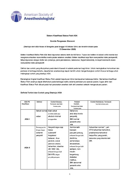 Asa Physical Status Classification System 2 En Id Pdf