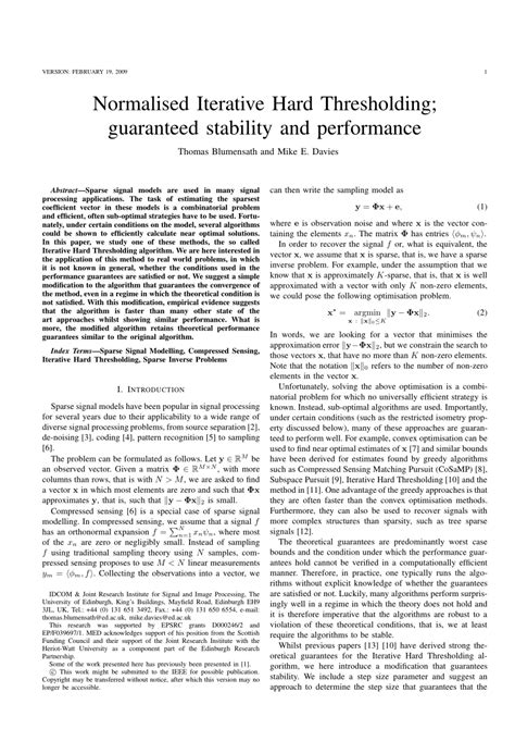 Pdf Normalized Iterative Hard Thresholding Guaranteed Stability And