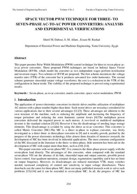 Pdf Space Vector Pwm Technique For Three To Seven Phase Ac To Ac Power Converters Analysis