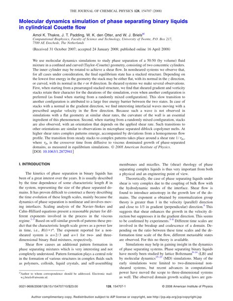 Pdf Molecular Dynamics Simulation Of Phase Separating Binary Liquids In Cylindrical Couette Flow