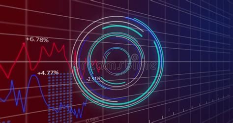 Animation Of Neon Round Scanner And Statistical Data Processing Against Purple Gradient
