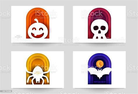 해피 할로윈 디자인 배경 미니멀 한 현대 레이어 스타일의 휴일 컬렉션 만화 구성 배너 포스터 전단지 초대 장 용 템플릿을 설정합니다 벡터 그림입니다 10월에 대한 스톡 벡터