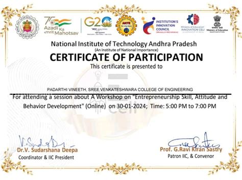 Vineeth Padarthi On Linkedin Certificateofparticipation Nit
