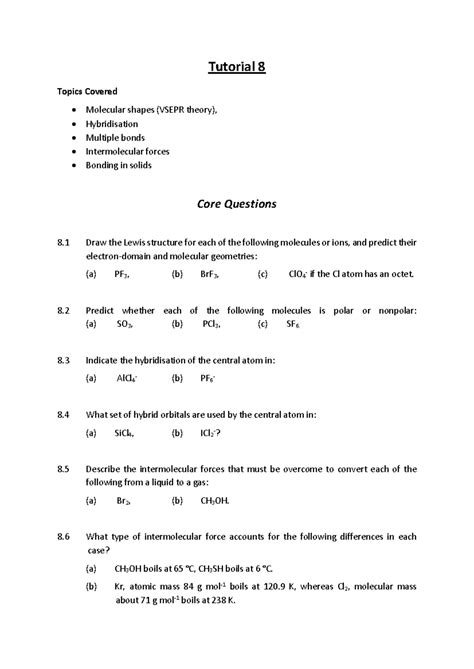 tutorial 8 tut 8 tutorial 8 topics covered molecular shapes vsepr